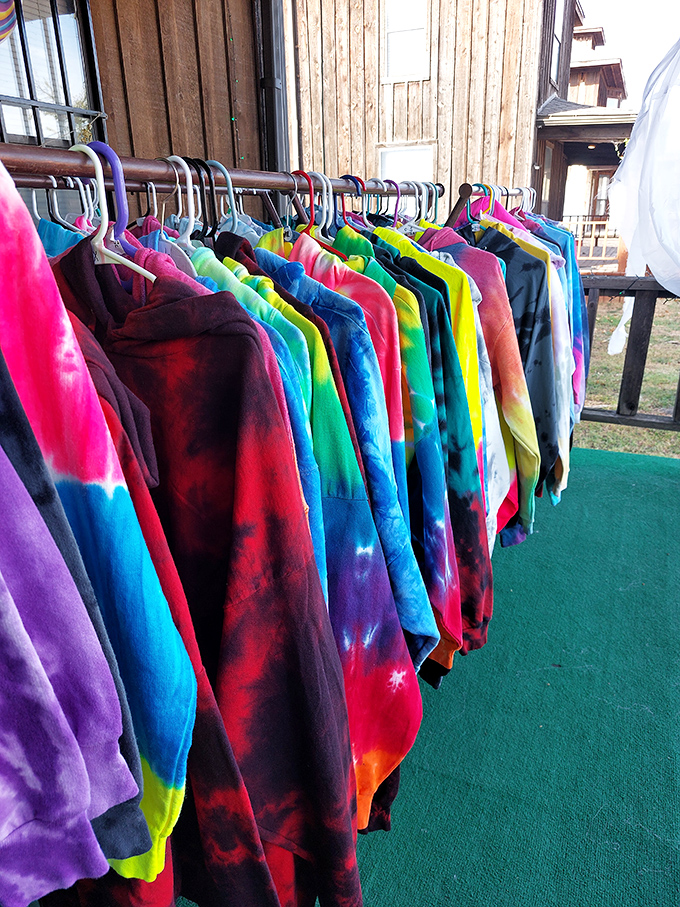 Tie-dye heaven! These vibrant hoodies hang like psychedelic flags, beckoning the spirit of counterculture to Oklahoma.