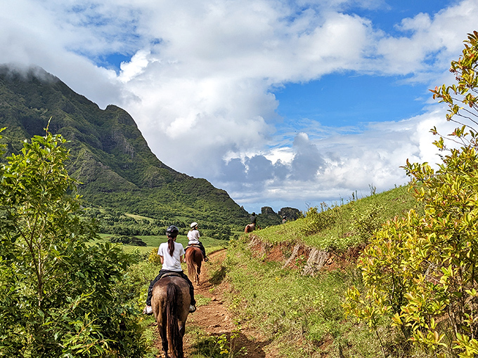 Horseback riding through paradise&mdash;where the trail guide's most important direction is simply "look up" to appreciate those majestic mountain views.