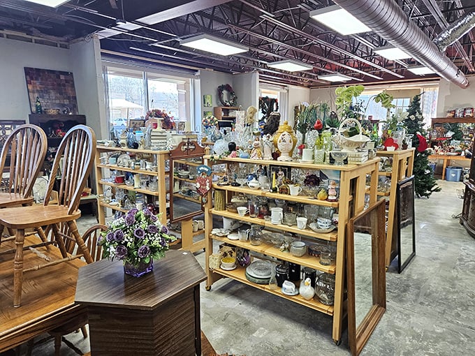 Shelves of possibility where someone's discarded teacup becomes another's cherished find. Marie Kondo's nightmare is a treasure hunter's paradise.