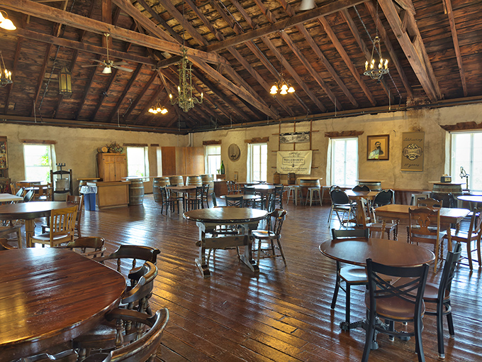 Exposed beams and wooden floors create a rustic hall perfect for gatherings, minus the medieval jousting tournaments.