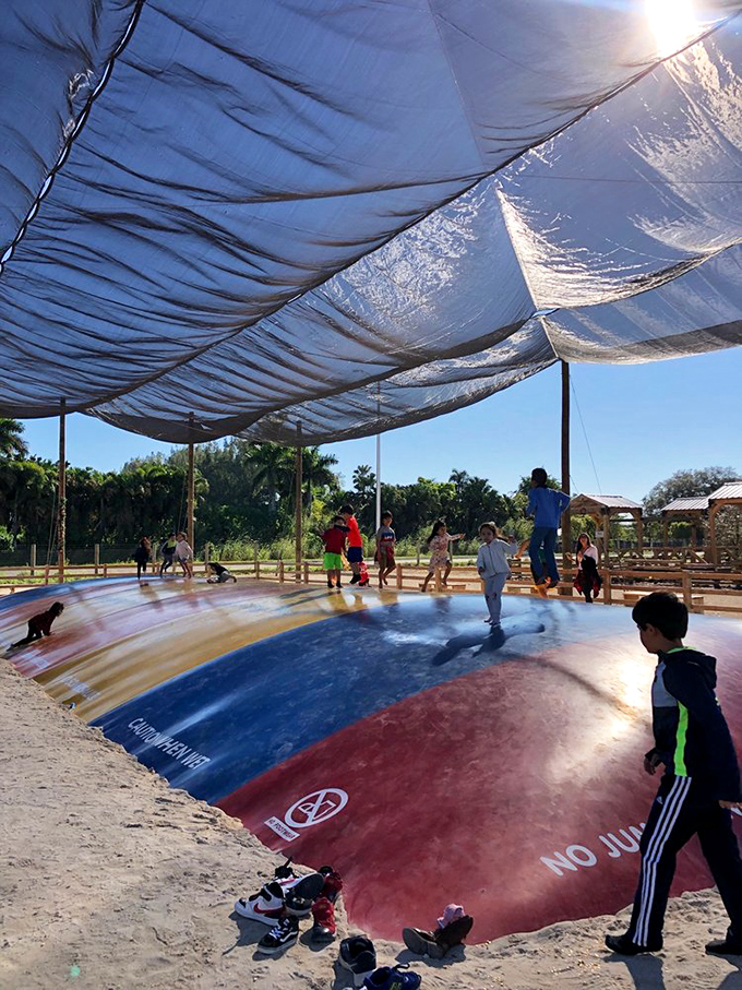 Kids bouncing on this colorful jumping pad are burning off strawberry-induced sugar highs while parents secretly wish they could join in.