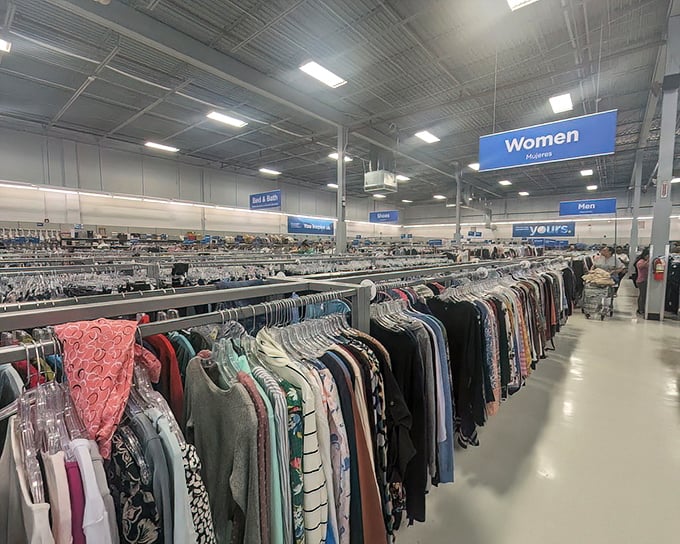 Clean floors and organized racks prove that thrift shopping has evolved far beyond dusty bins and chaotic jumbles of merchandise.