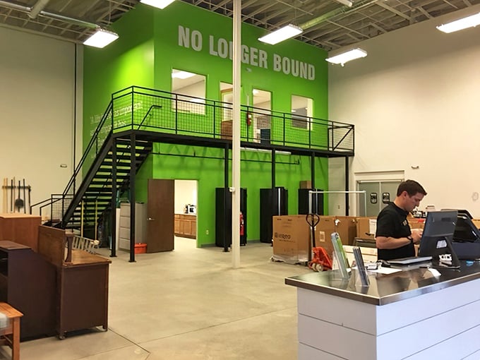 The bright green "No Longer Bound" hub reveals the store's mission-driven heart, where shopping and second chances beautifully intersect.