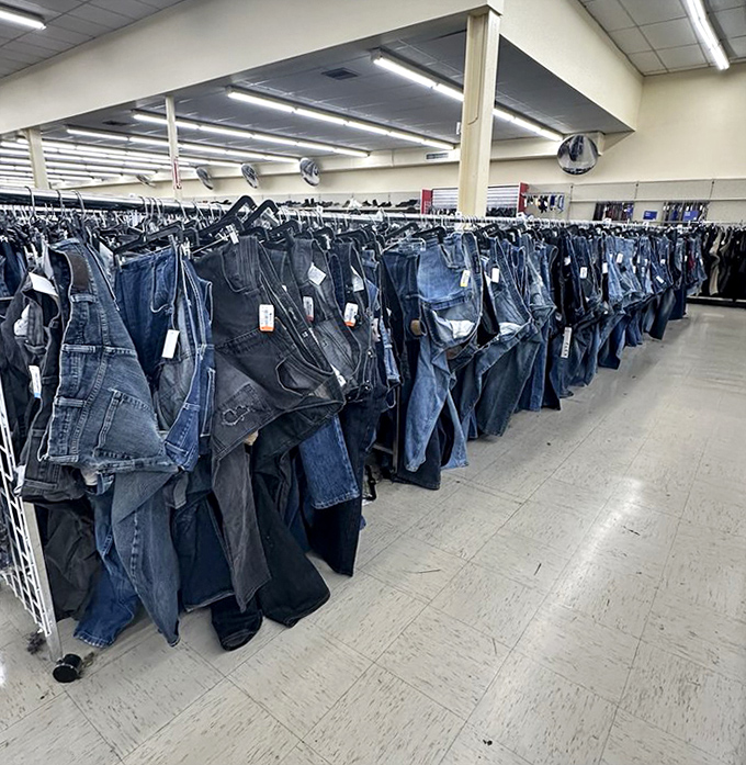 The denim section stretches like a blue horizon, offering jeans in every conceivable size, style, and degree of pre-loved comfort.