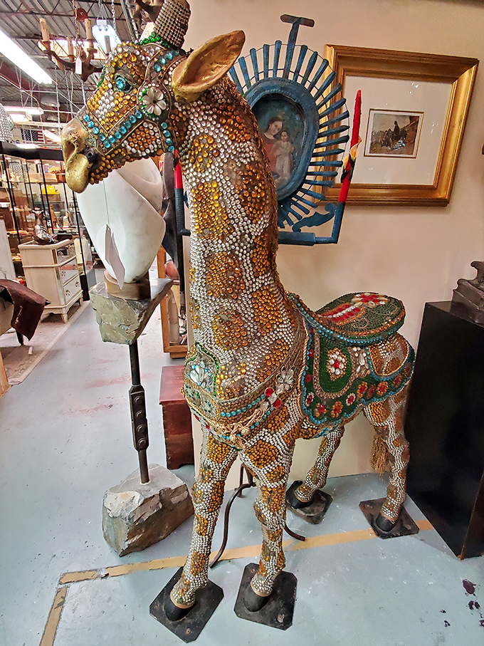 Not your average carousel horse! This bejeweled equine masterpiece proves that sometimes more is more, especially when it comes to sparkle. 