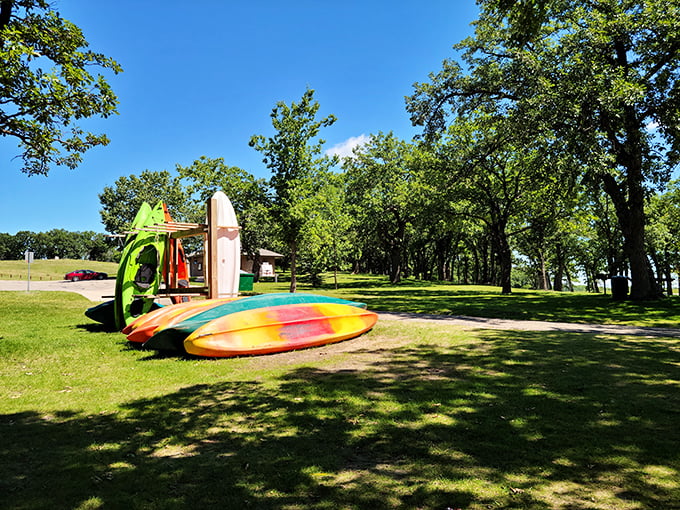 A rainbow of kayaks waits patiently for adventure seekers. Each one a different color, like a lineup of fruity popsicles on a summer day.