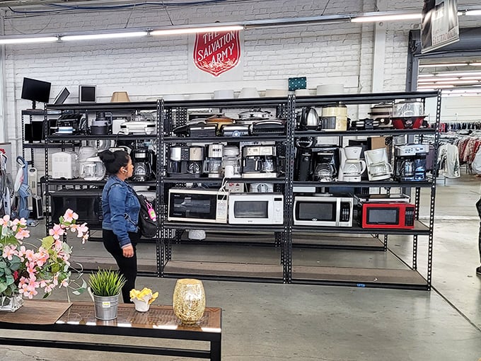 The small appliance section—where perfectly good toasters, coffee makers, and microwaves await their comeback tour in someone's kitchen.