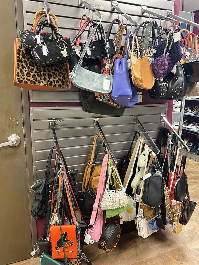 Handbag heaven hanging in perfect formation, like a fashionable army ready to march into your collection.