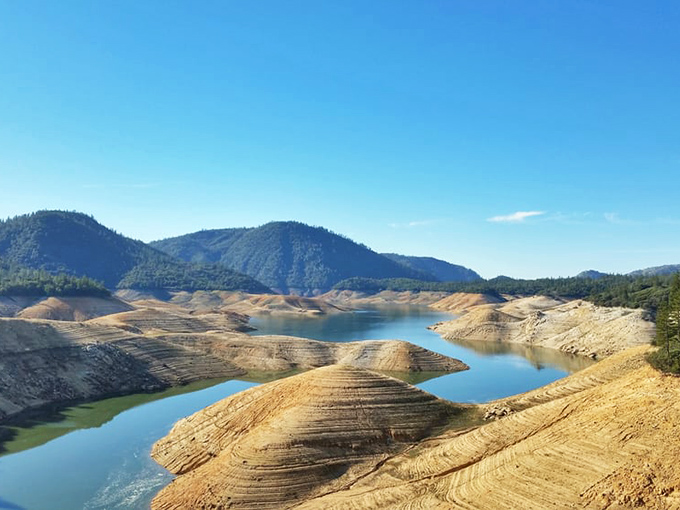 When water levels drop, Lake Oroville reveals its bathtub rings like geological tree rings telling stories of wet and dry years.
