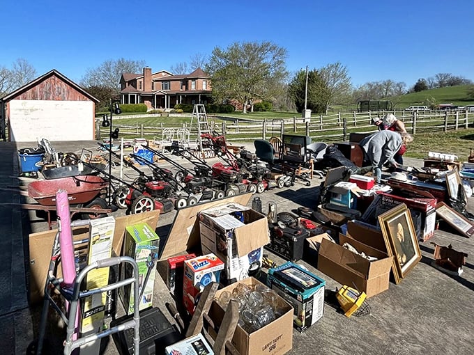 Lawn equipment stands ready for adoption by weekend warriors battling the eternal grass war.