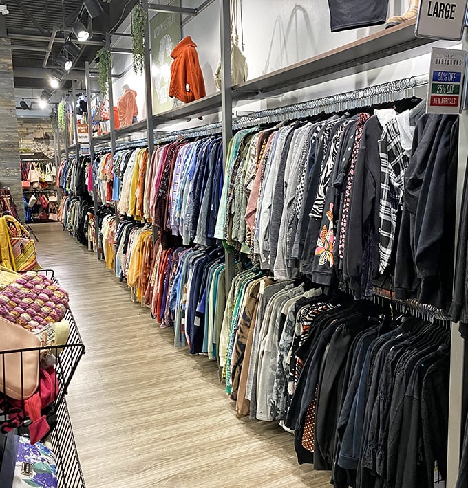 A rainbow of fabrics lines these aisles, where yesterday's fashion splurges become today's affordable finds for savvy Columbus shoppers.