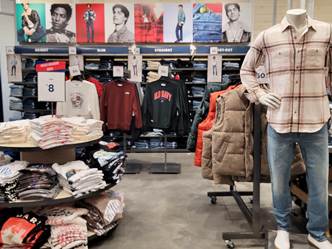 Old Navy's menswear section offers everything from casual Friday to weekend warrior, with mannequins striking poses cooler than most of us could manage.
