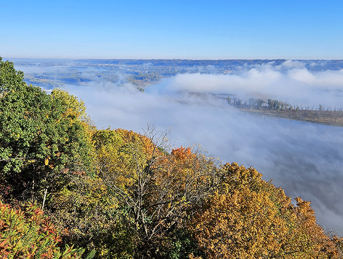 Morning fog blankets the Mississippi River valley. Cloud surfing from 500 feet up&mdash;no wetsuit required.