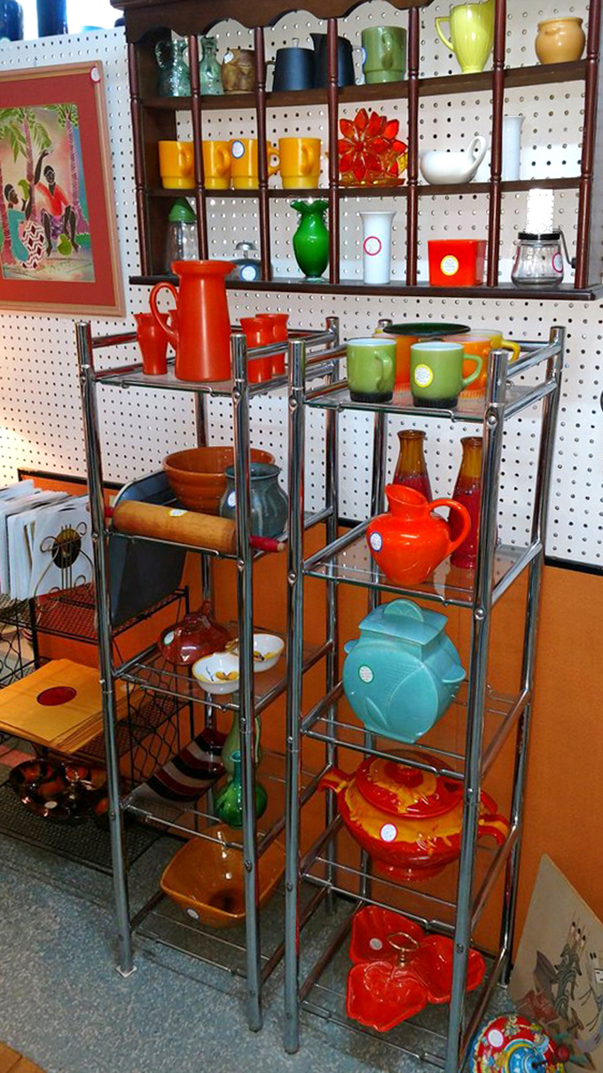 Mid-century modern heaven! These vibrant glass and ceramic pieces pop with colors that would make the Brady Bunch living room jealous.