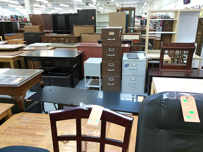 Office furniture that's seen some things but isn't telling. These file cabinets and desks have probably stored more secrets than the Pentagon Papers.