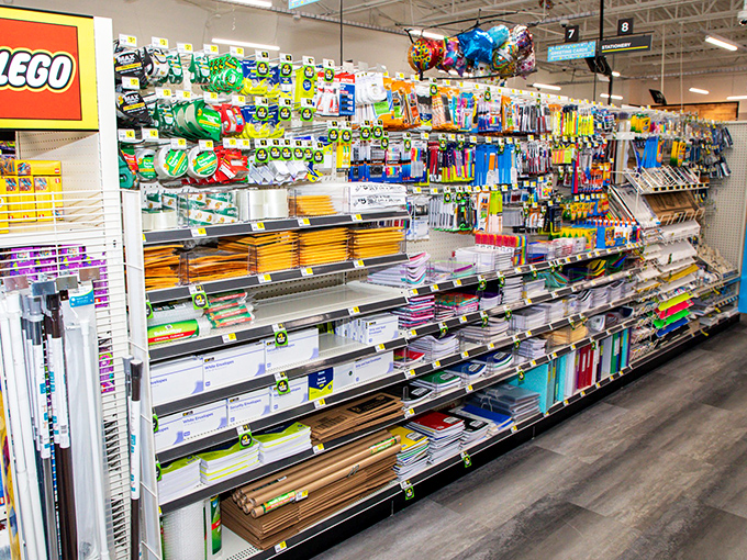 School and office supplies that would make any organization guru swoon. The LEGO sign hints at treasures beyond mere pencils and paper.
