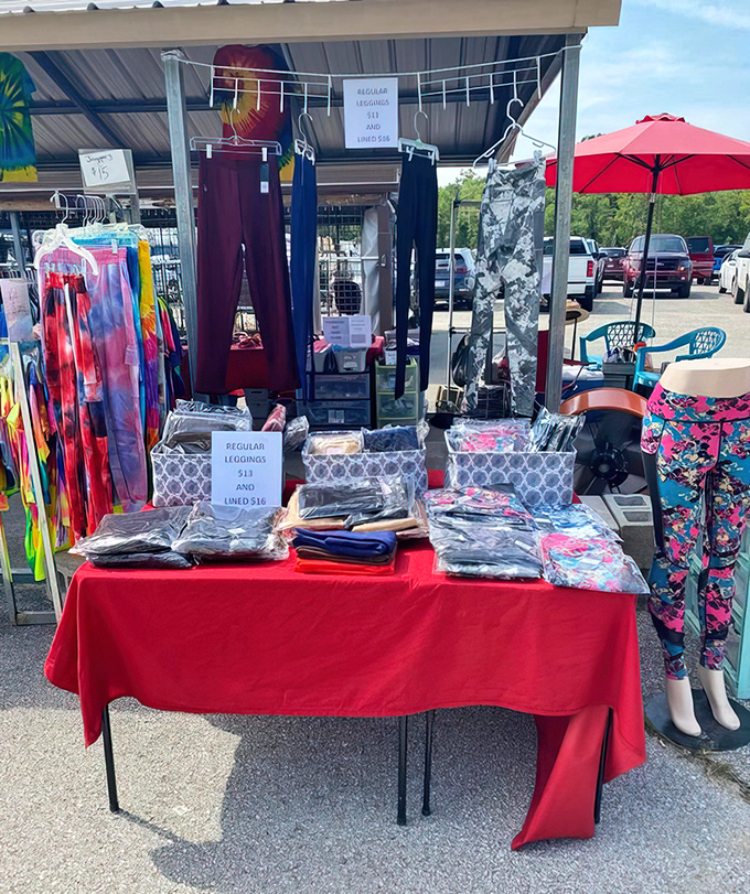 Outdoor fashion finds! Colorful leggings and practical pants displayed under the open sky &ndash; where style meets West Virginia practicality.