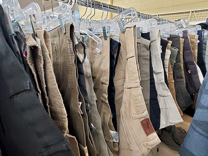 Khakis and cargo pants hanging in neat rows, ready to outfit every dad joke and weekend project.