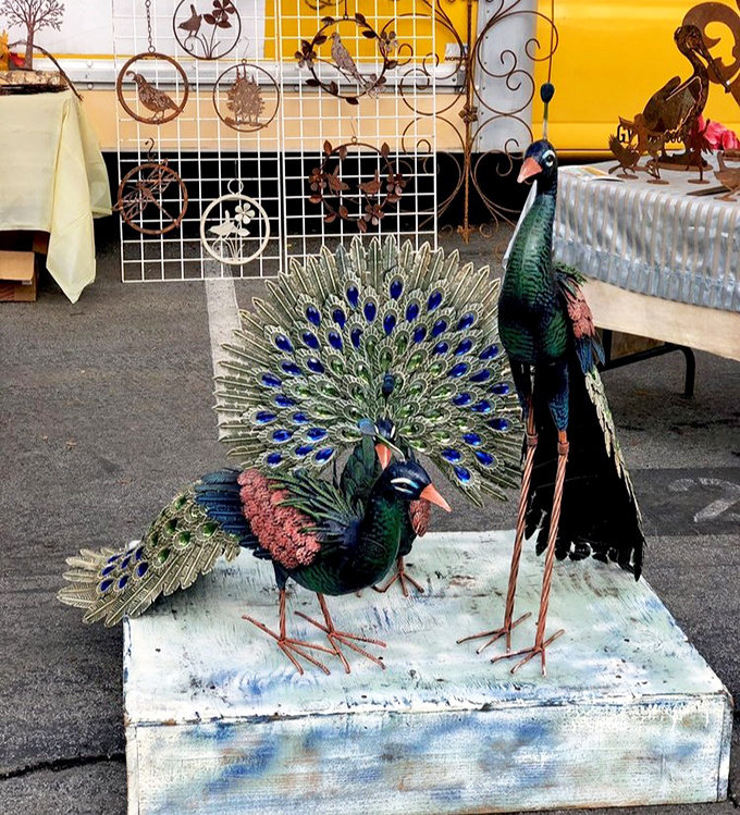 Metal peacocks strut their permanent plumage&mdash;garden art that never needs feeding and won't wake the neighbors at dawn.