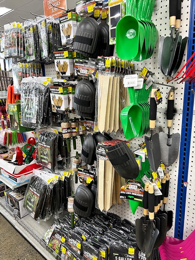 Garden tools and kitchen gadgets hanging like modern art. Those bright green scoops are practically screaming, "Summer gardening project anyone?"