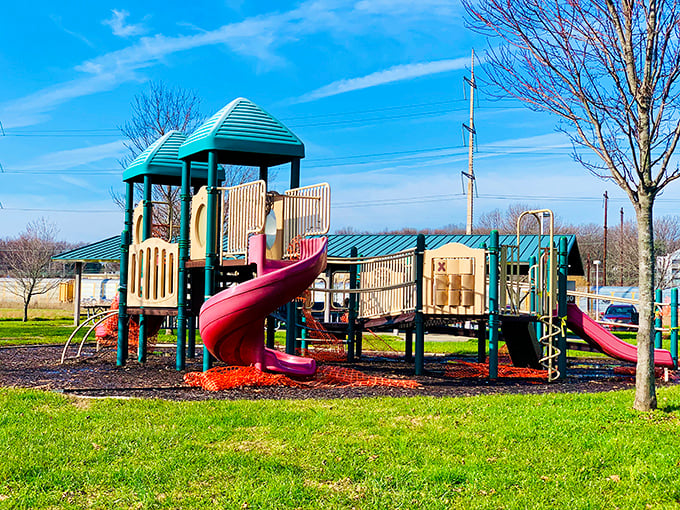 The playground where kids burn off energy while parents secretly wish they could take a turn on the slides. Childhood joy with riverside views.