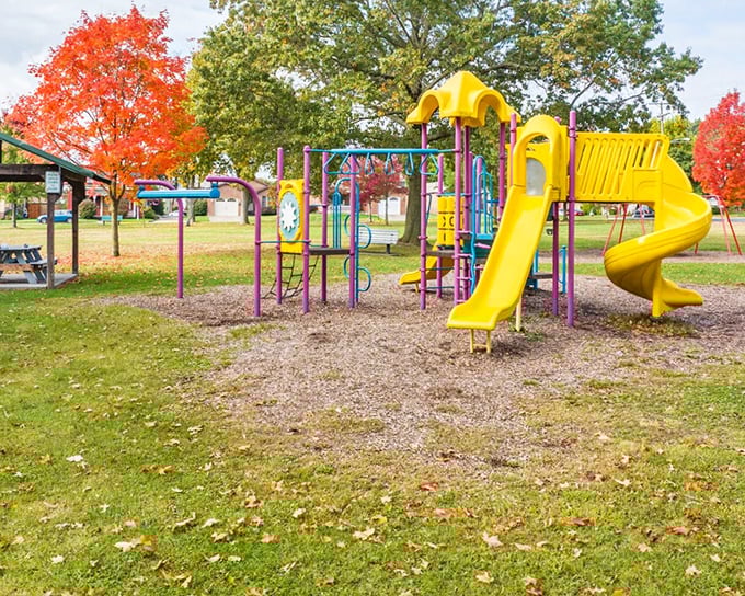 Childhood happens here, where playground equipment waits patiently through seasons for the next generation of imaginative adventures.
