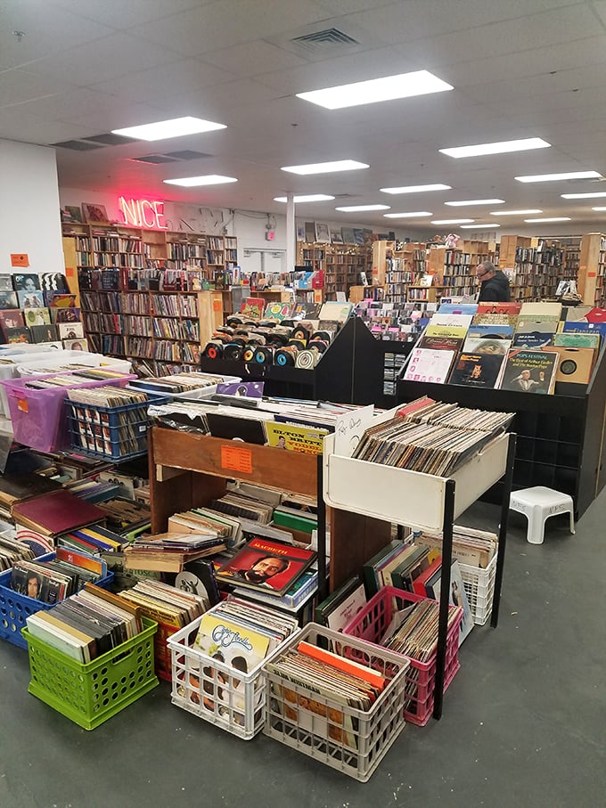 Vinyl records stacked like pancakes at a diner. Dig through these crates and you might find that album your college roommate borrowed and never returned.