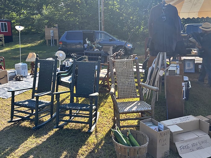 The rocking chair lineup—each with its own character and patina, silently inviting you to imagine summer evenings on a Vermont porch watching fireflies dance.