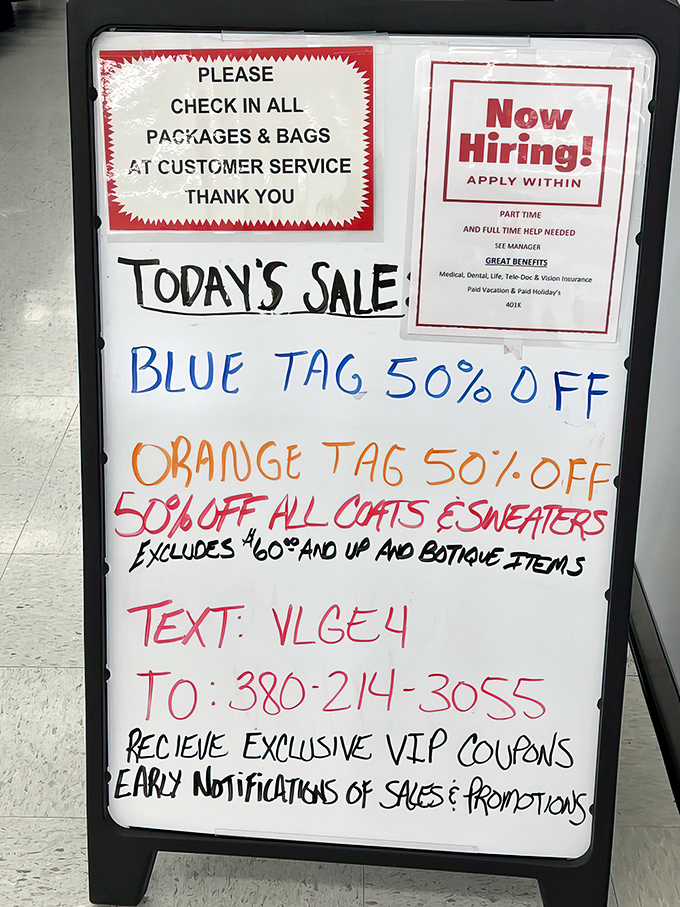 The color-coded roadmap to savings! Blue tags, orange tags, and special deals on coats&mdash;this is the treasure hunter's equivalent of finding X marks the spot.