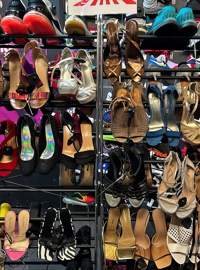 High heels, sandals, and flats create a footwear fantasy wall where Cinderella herself would spend hours finding her perfect match.