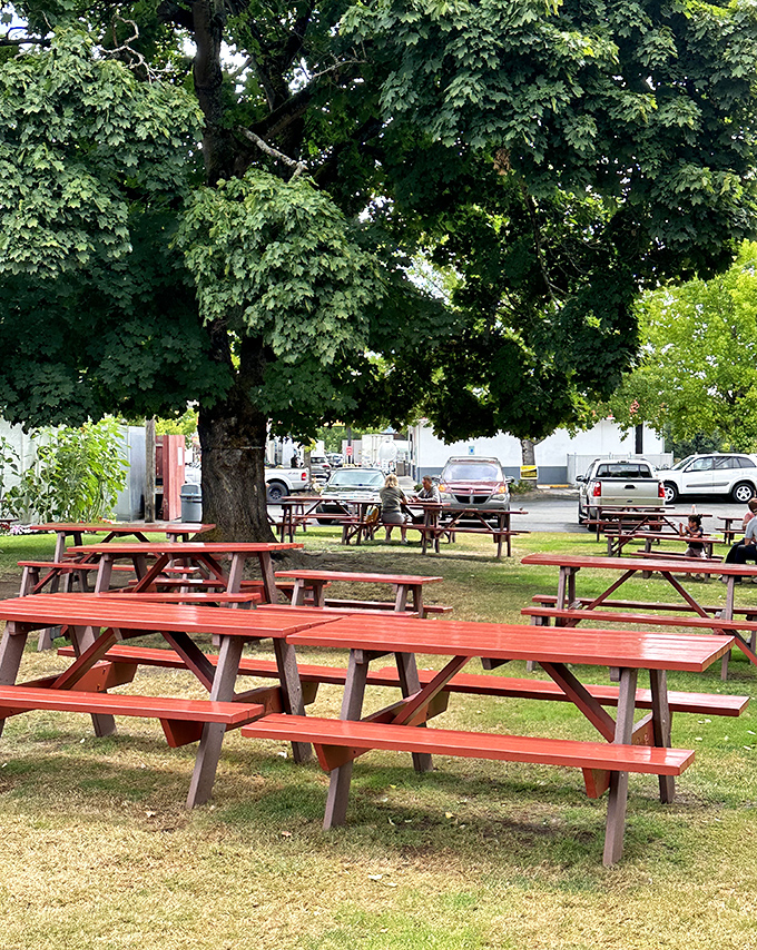 Red picnic tables under leafy trees&mdash;nature's dining room where strangers become neighbors and calories don't count if you're eating outside.