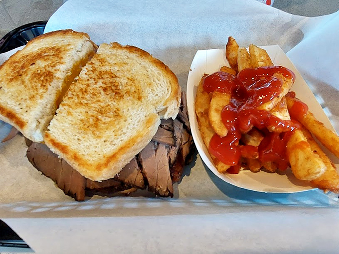A roast beef sandwich that doesn't mess around&mdash;thick-sliced meat, perfectly toasted bread, and fries with enough ketchup to make your inner child cheer.