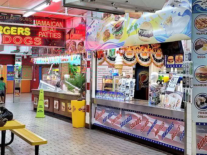 Global flavors collide at the food stalls where Jamaican patties and American classics compete for your lunch money&mdash;everybody wins this battle.