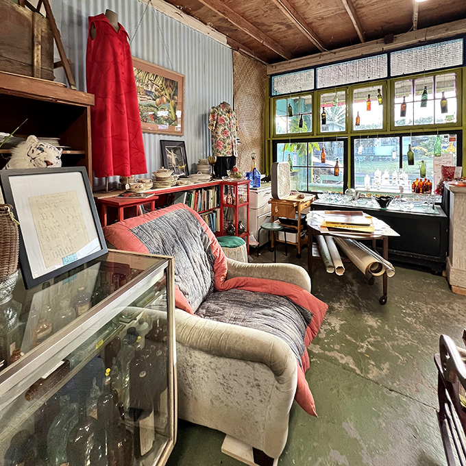 That well-worn armchair has heard more stories than a bartender. The perfect spot to contemplate your next vintage purchase.