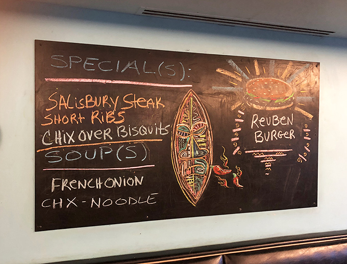 The specials board&mdash;where chalk meets culinary inspiration. Salisbury steak and chicken over biscuits? The 1950s called and they're jealous of our lunch options.