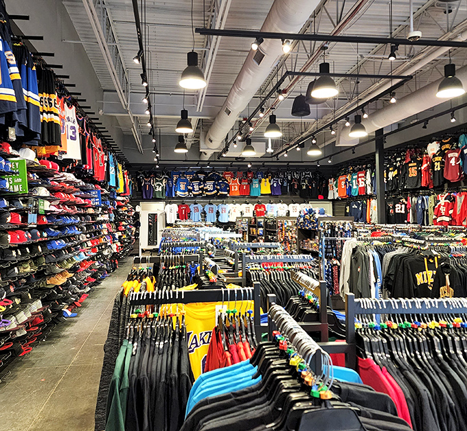 Sports jerseys and athletic wear create a colorful maze of team pride at prices that won't bench your budget.