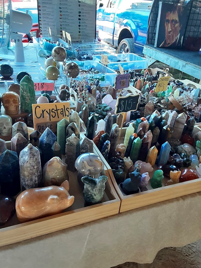 Crystal kingdom where healing meets d&eacute;cor. This dazzling display of geological wonders offers everything from amethyst towers to pocket-sized treasures.