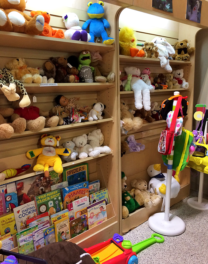 The stuffed animal adoption center! These gently-loved teddy bears and storybooks are waiting for new homes and bedtime story adventures.