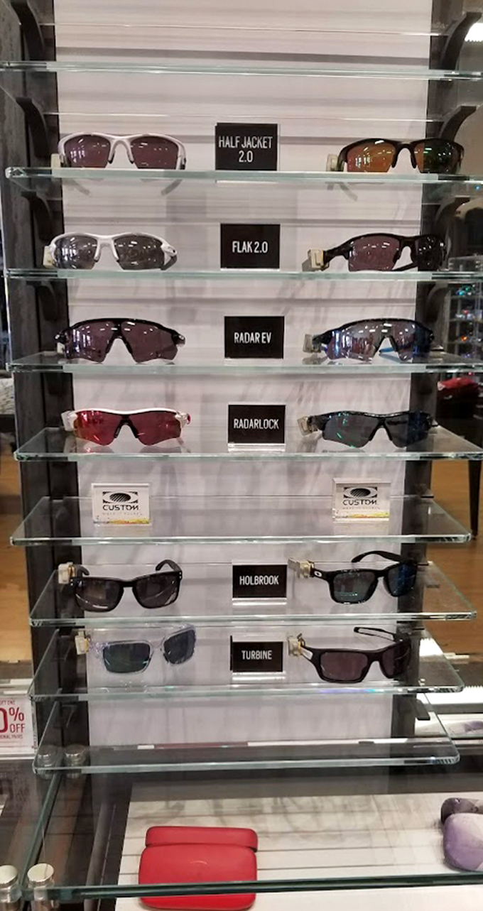 Oakley sunglasses display: tactical eyewear for those serious Wisconsin summers or just looking cool while grilling brats in the backyard.