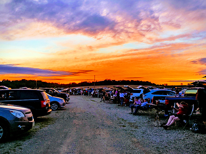 The Iowa sunset puts on its own spectacular show before the main feature, painting the sky in Technicolor hues no CGI could match.