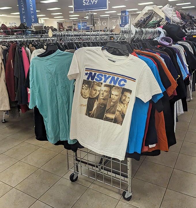 That NSYNC shirt isn't saying "Bye Bye Bye" to style. Vintage tees like this one are why fashion-forward thrifters make this their first stop.
