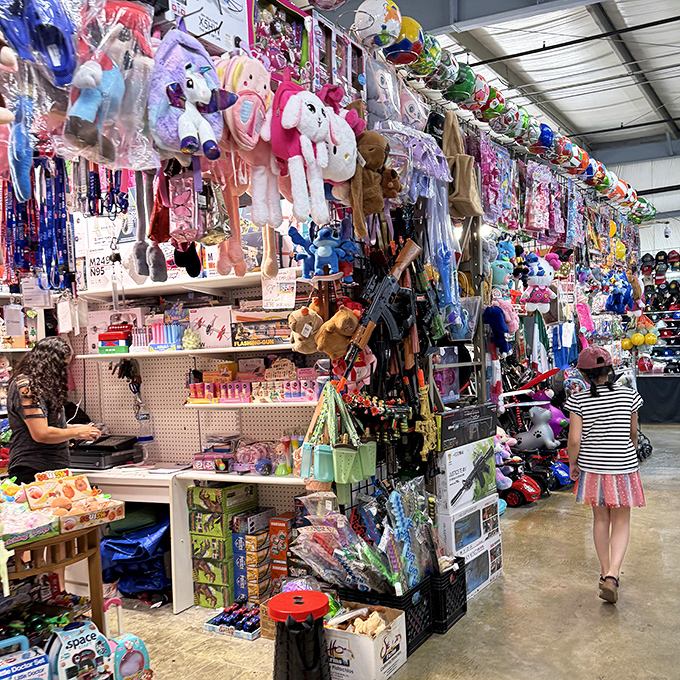 Stuffed animals and toys create a carnival atmosphere that makes kids drag parents by the hand toward here.