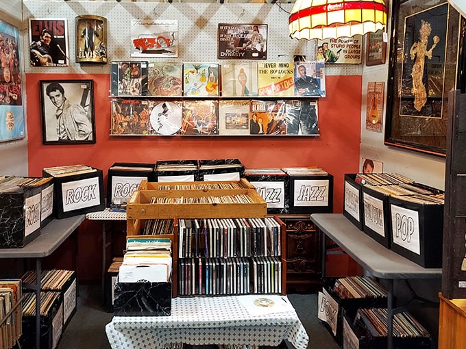 Vinyl paradise! Meticulously organized by genre, these records aren't just music&mdash;they're time machines with album art. Elvis watches approvingly from his frame.