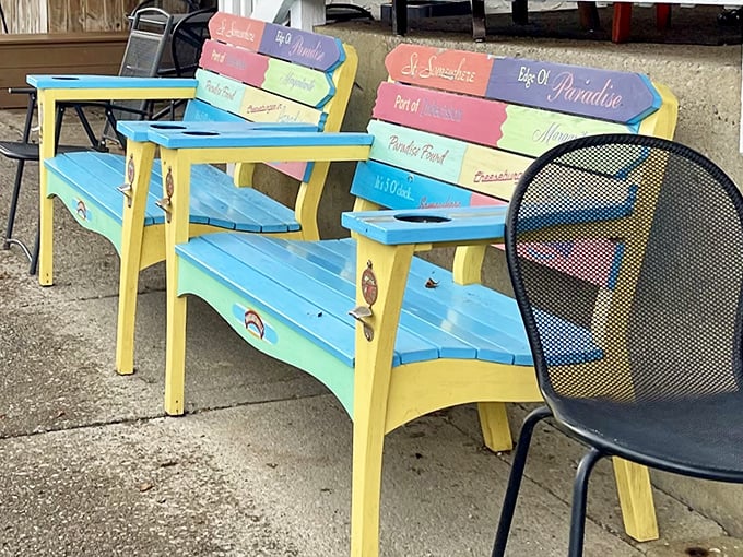 These colorful benches outside aren't just seating&mdash;they're front-row tickets to Cincinnati's neighborhood theater, with comfort built right in.