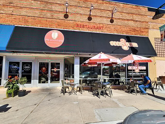 2 Doors Down's sleek storefront with its distinctive black awning brings modern style to Cheyenne's historic downtown burger scene.