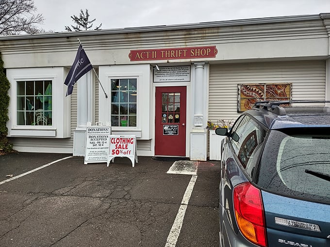 The classic New England storefront with red door welcomes shoppers into what feels like a neighborhood institution.