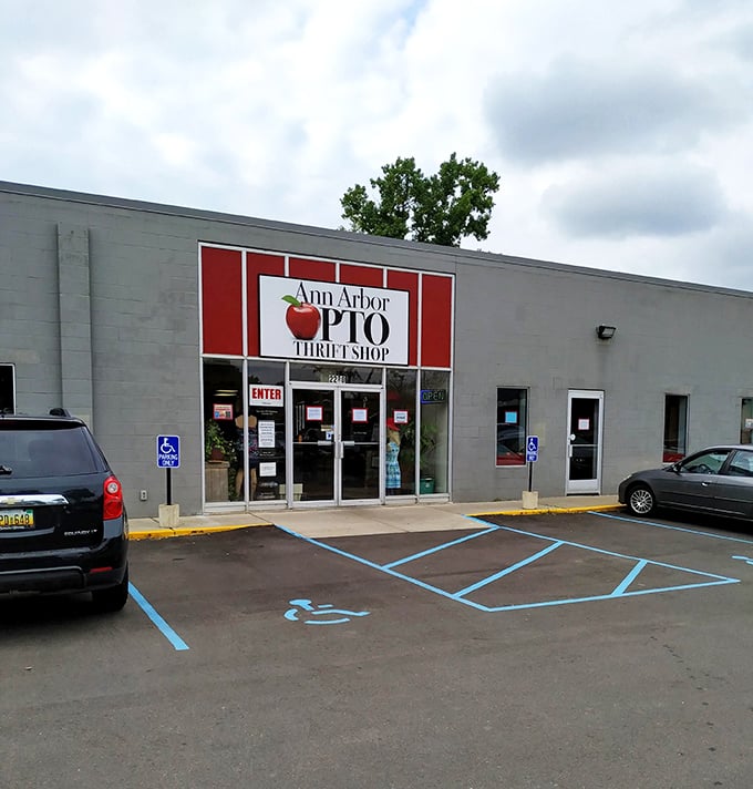 Ann Arbor PTO Thrift Shop's simple exterior and apple logo reflect its educational mission and community roots.