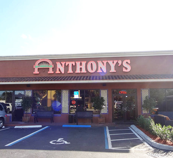 Anthony's distinctive sign and decorative tiles add Italian flair to Fort Lauderdale. Coal-fired perfection awaits behind those doors.