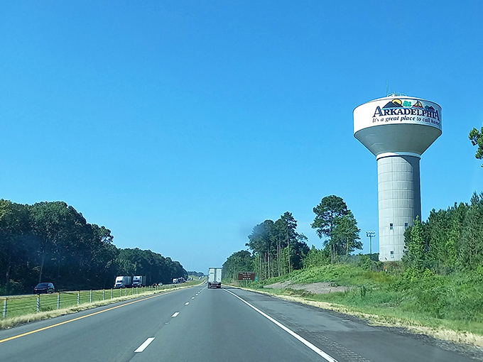 Arkadelphia's water tower watches over tree-lined highways, welcoming retirees to a place where affordability meets natural beauty.