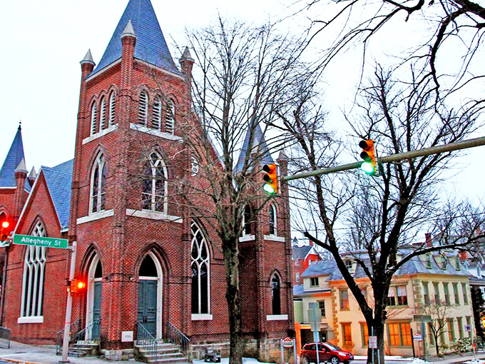 This magnificent red brick church in Bellefonte reaches skyward with its Gothic spires, a spiritual landmark that's witnessed generations of Pennsylvania history unfold.